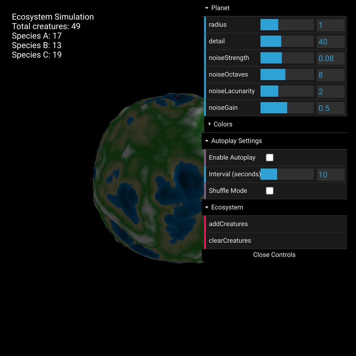 Three.js Planet Ecosystem Simulation